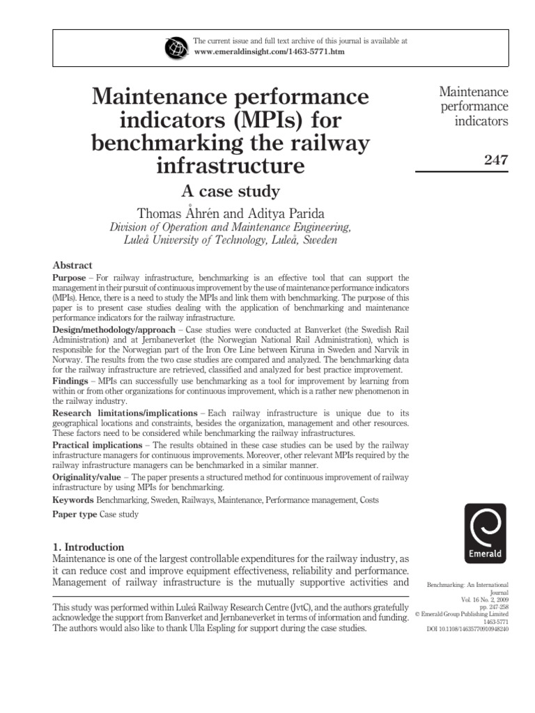Maintenance performance indicators for benchmarking the railway infrastructure | PDF ...
