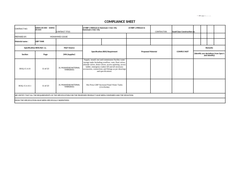 Compliance Sheet Format GRP TANK Dam1&Dam2 | PDF | Specification ...