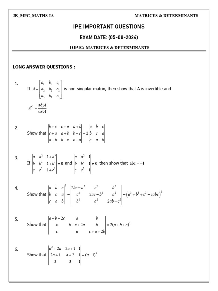 JR MPC Maths Ipe Important Questions (05!08!2024) | PDF | Matrix ...