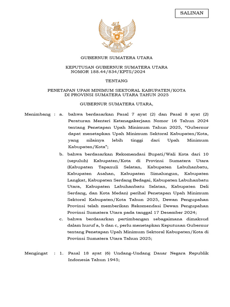 Upah Minimum Sektoral Sumut 2025 | PDF