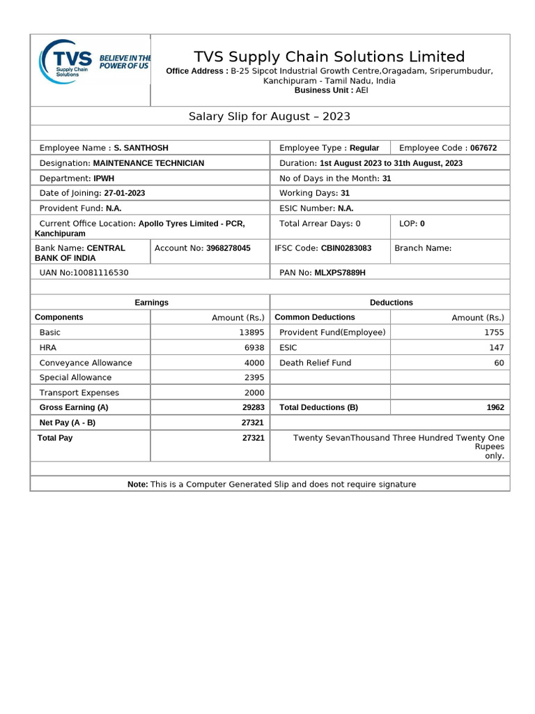 August Pay Slip | PDF