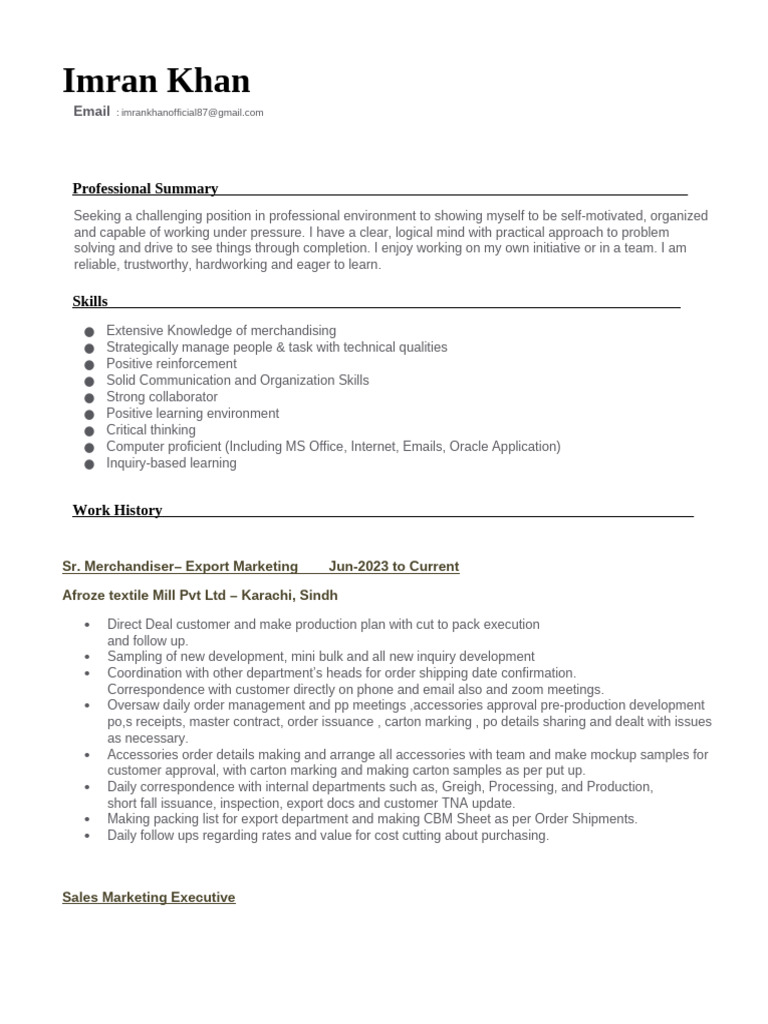 Imran Khan Resume | PDF | Performance Indicator | Textiles