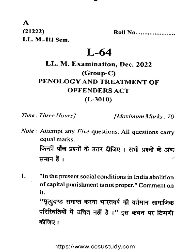 LLM 3 Sem Penology and Treatment of Offenders Act L 64 Dec 2022 | PDF