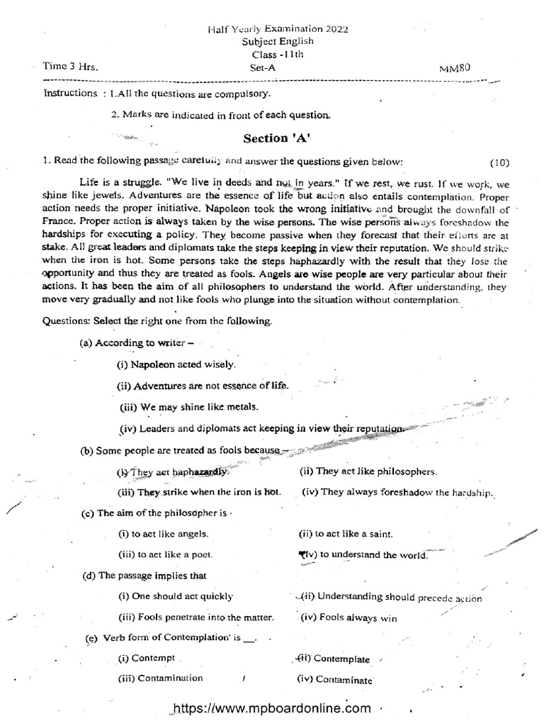 MP Board Class 11 Hy English Set A 170423 2022 | PDF