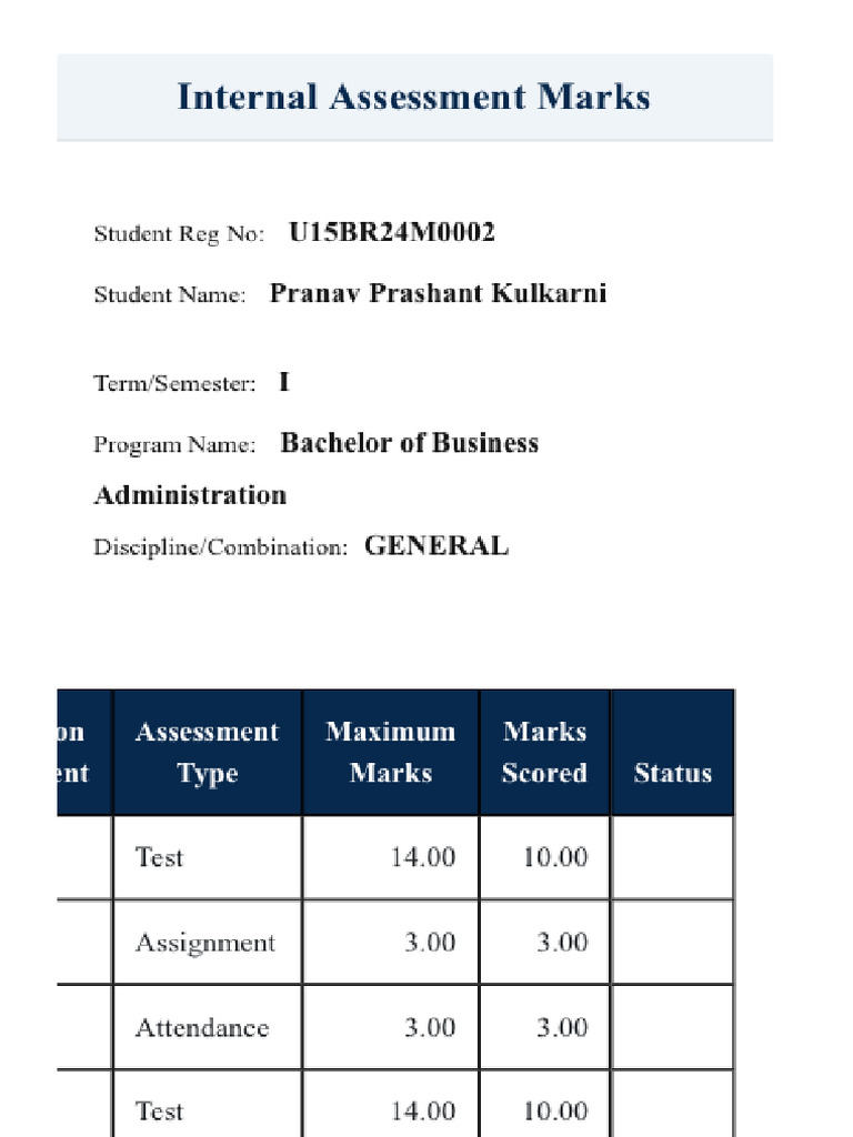 Student Internal Assessment Marks | PDF