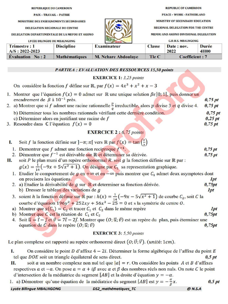 Maths TleC Evaluation2 Lycee Bilingue Mbalngong 2022 2023 | PDF