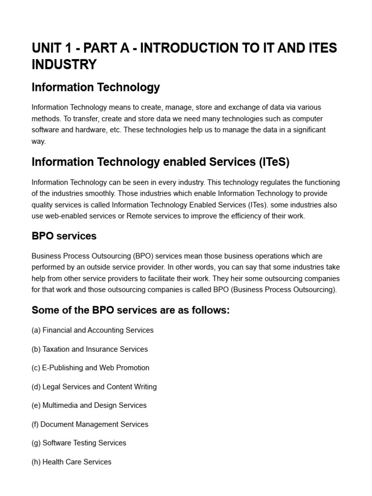UNIT 1 - PART A - INTRODUCTION TO IT AND ITES INDUSTRY | PDF ...