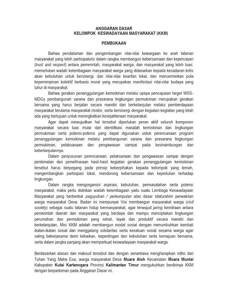 Contoh Format Anggaran Dasar KKM Muara Aloh | PDF