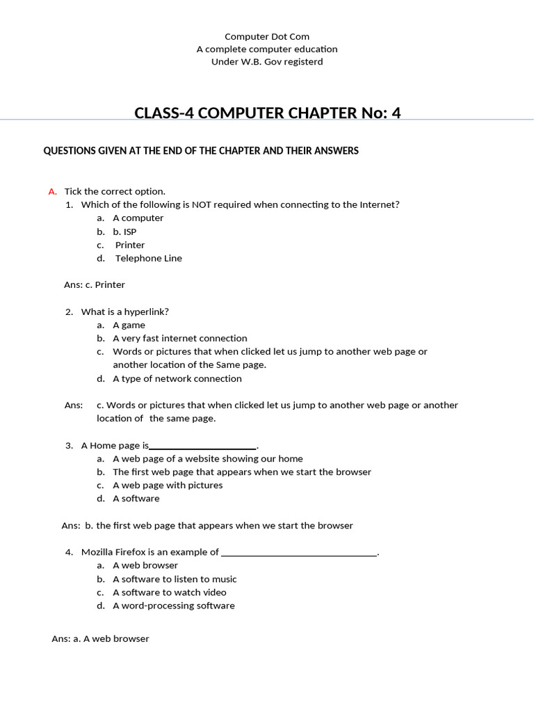 CLASS 4 COMPUTERS CHAPTER 4 NTERNET THE WEB BROWSER Ms. Subhashree Rout | PDF | World Wide Web ...
