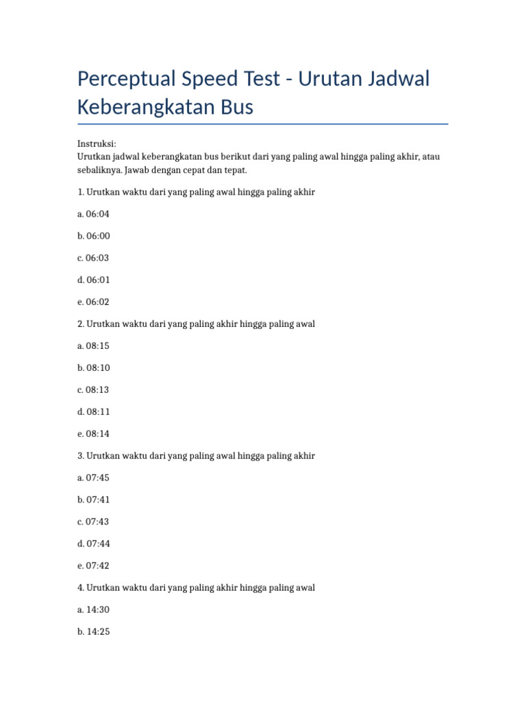 Perceptual Speed Test Bus Schedule Variations Tisa | PDF