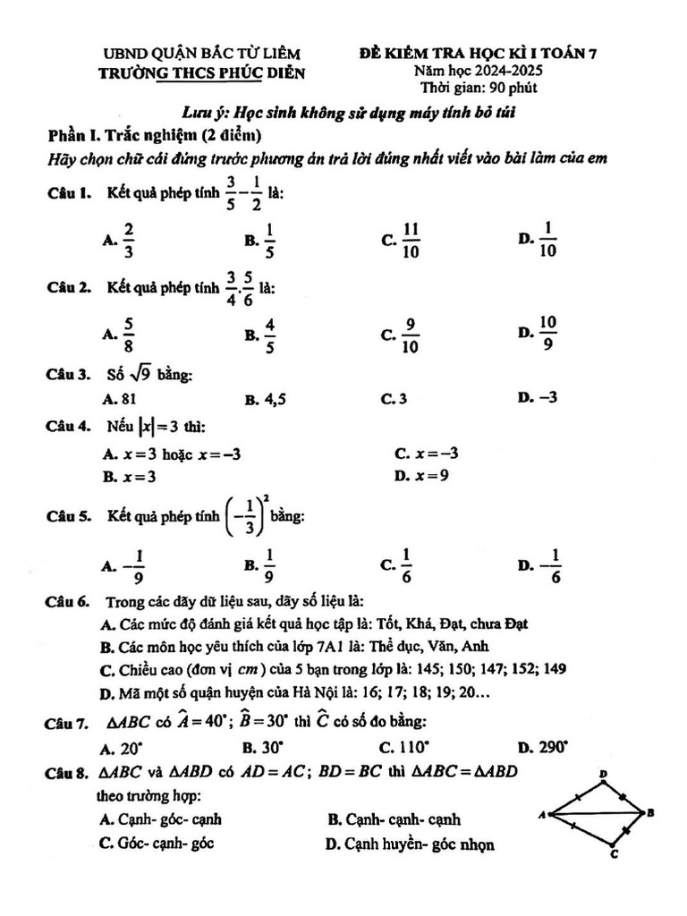 De Hoc Ki 1 Toan 7 Nam 2024 2025 Truong Thcs Phuc Dien Ha Noi | PDF