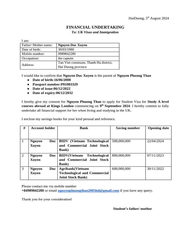 Financial Undertaking Letter (1 Parent) | PDF