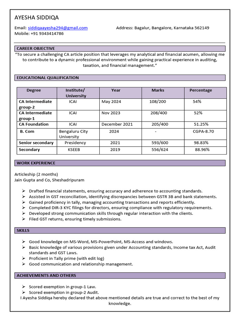 Ca Articleship Resume Of Ayesha Siddiqi Pdf