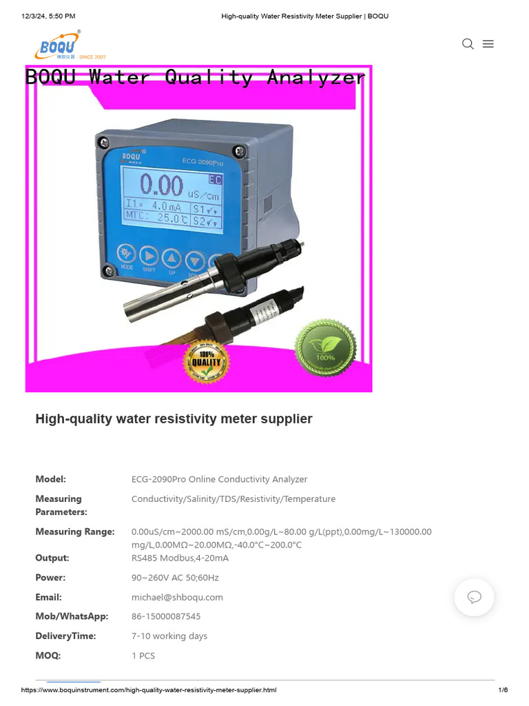 High-Quality Water Resistivity Meter Supplier - BOQU | PDF | Salinity ...