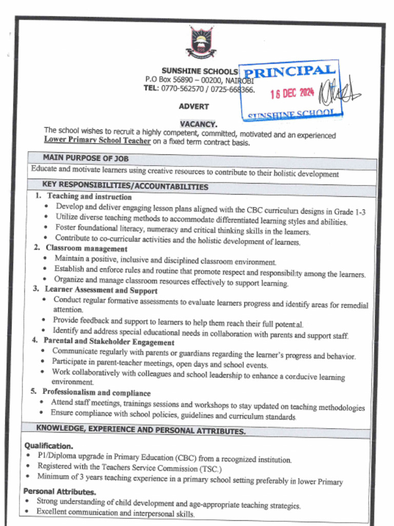 Lower Primary School Teacher Job Advertisement 2024 | PDF