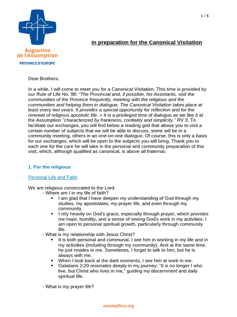 Canonical Visitation Preparation Guide | PDF | Prayer | Laity