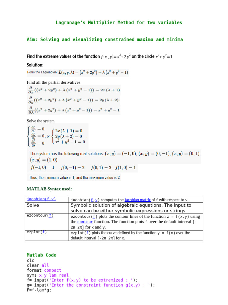 Lagranage’s Multiplier Method for two variables | PDF