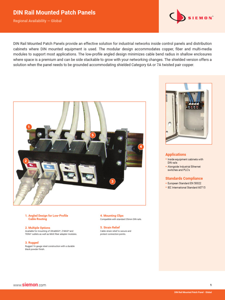 Siemon Din Rail Mounted Patch Panel Spec Sheet | PDF | Electronics | Telecommunications Equipment