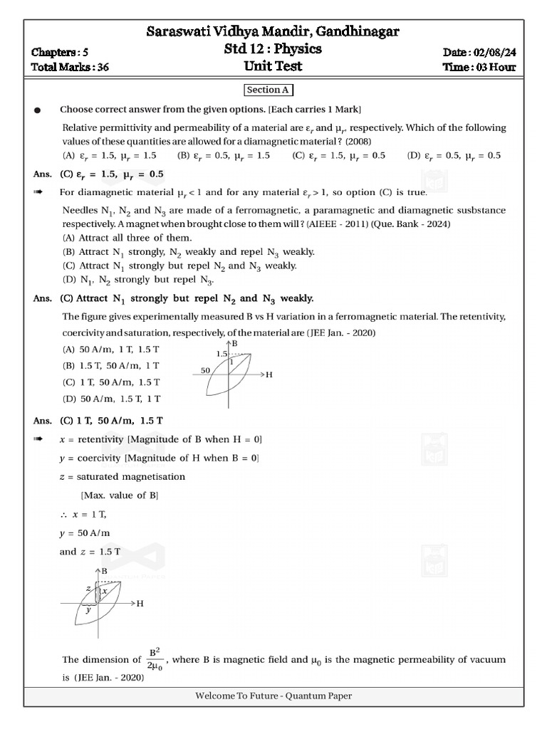 Magnetism and Matter MCQ's | PDF