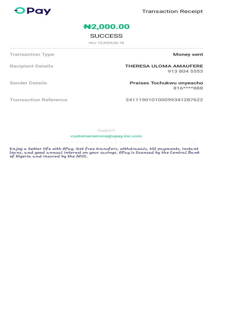 OPay Transaction Receipt Details | PDF