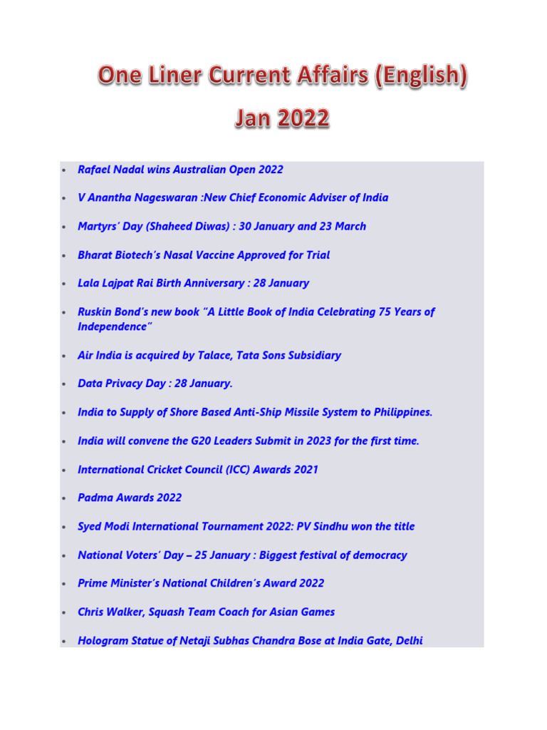 Key Current Affairs of 2022 | PDF