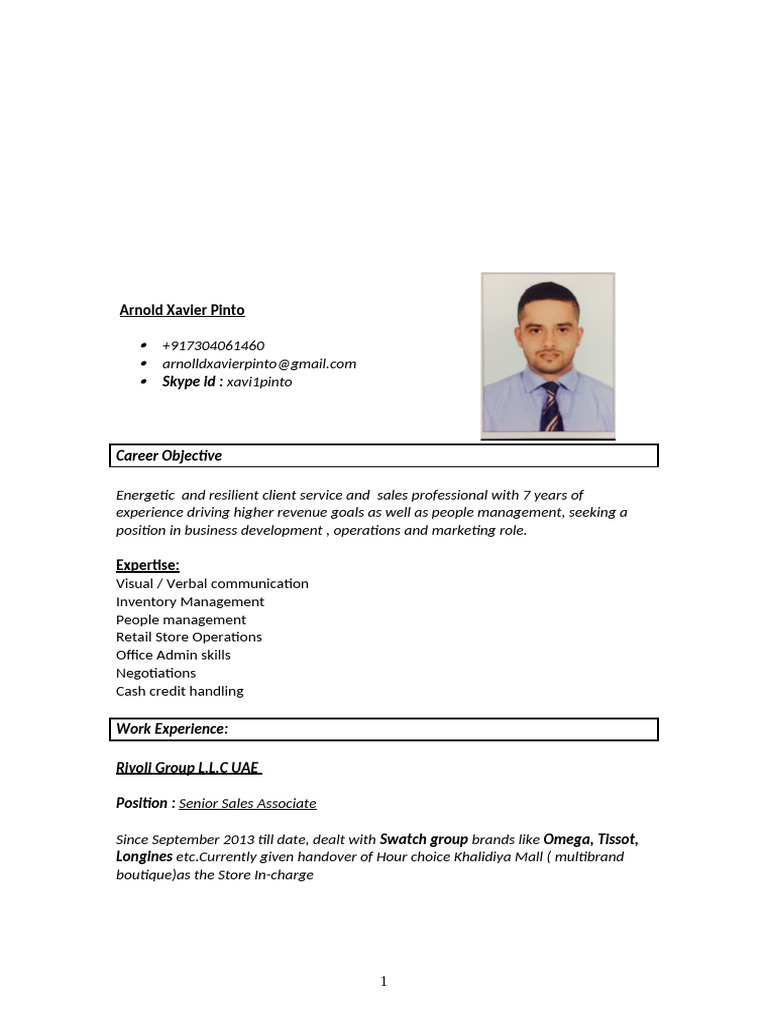 0 - Arnold Xavier Pinto Resume. | PDF | Sales | United Arab Emirates