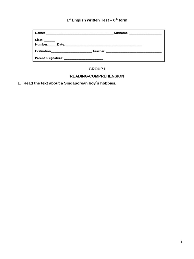 1st English Written Test | PDF