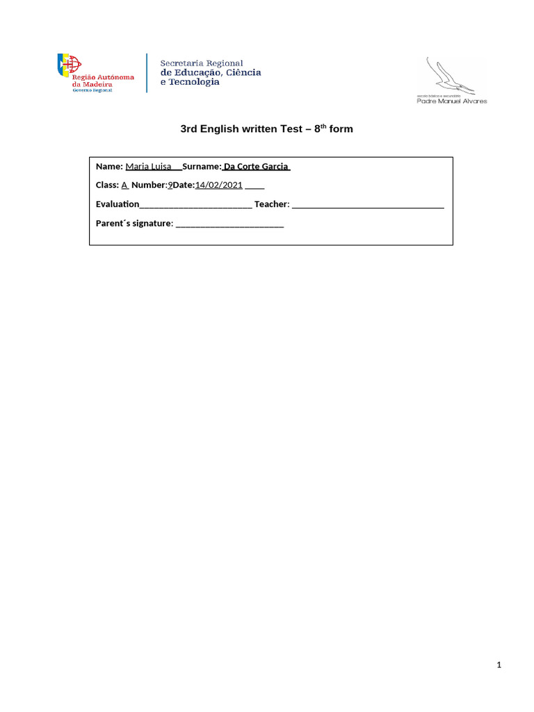 3rd English Written Test Luisa | PDF | Foods | Drink