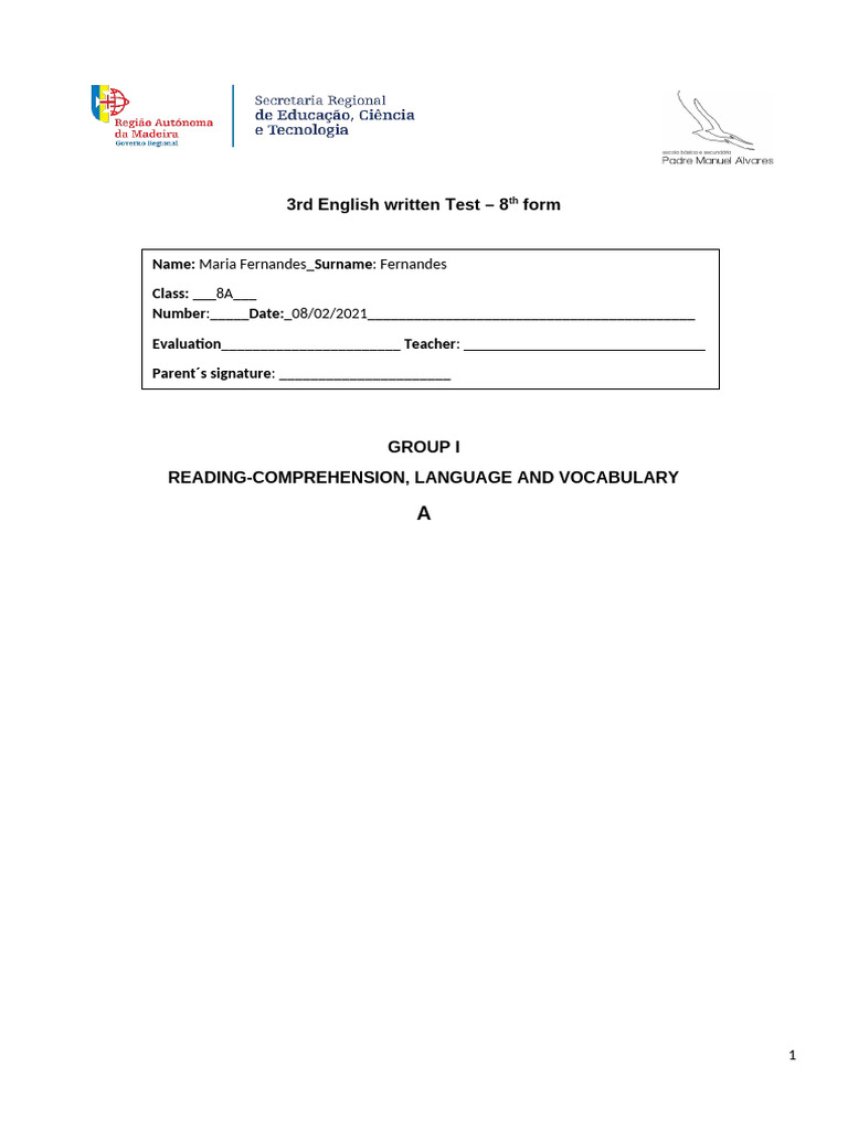 3rd English Written Test Maria | PDF