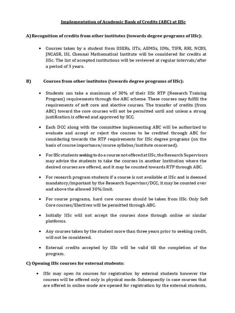 Academic Bank of Credits at IISc Explained | PDF