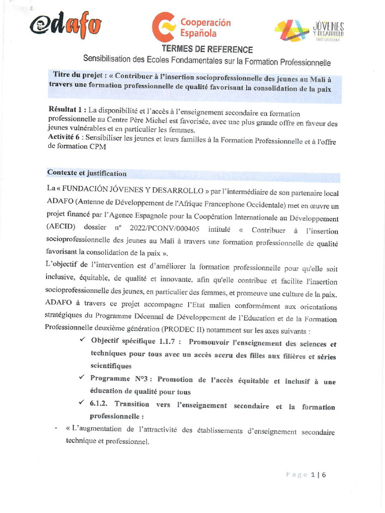 TDR Sensibilisation Sur La Formation Professionnelle | PDF