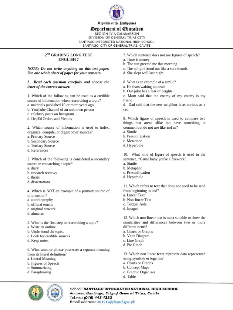 2nd Grading Long Test_G7 English | PDF | Chart | Concept