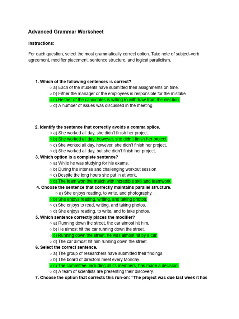 Advanced Grammar Worksheet (1) | PDF | Language Mechanics | Linguistics