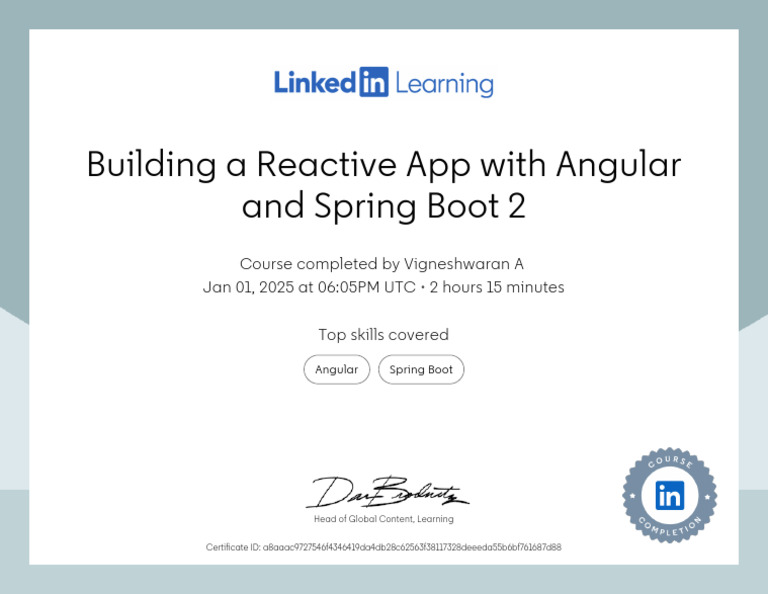 CertificateOfCompletion - Building A Reactive App With Angular and Spring Boot 2 | PDF