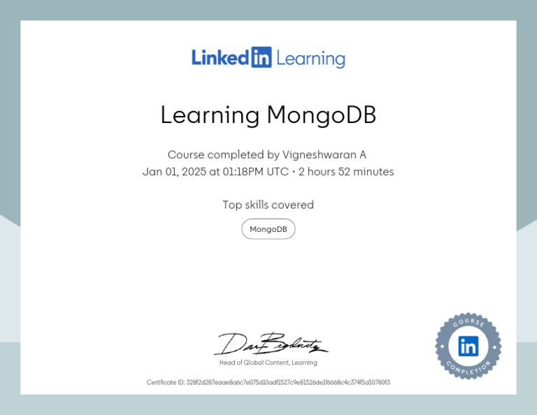 CertificateOfCompletion_Learning MongoDB (1) | PDF