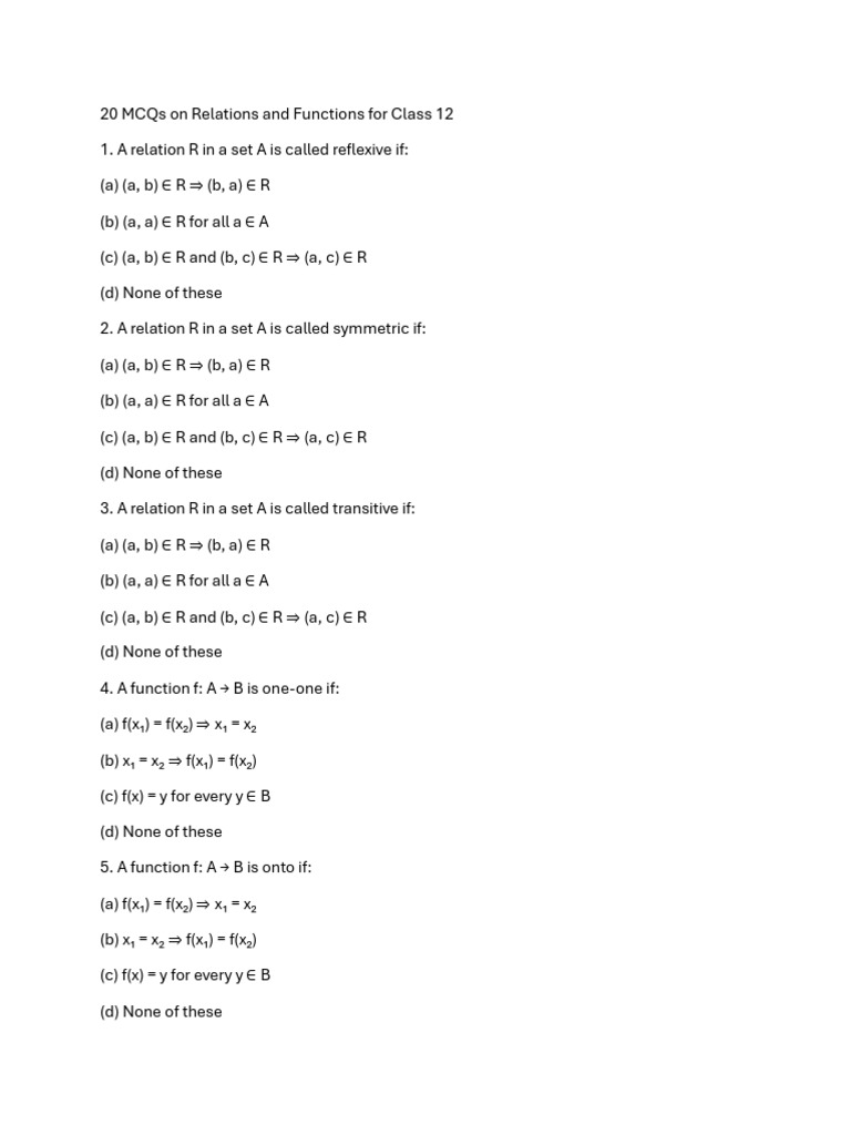 Class 12 Relations & Functions Quiz | PDF | Mathematical Logic | Functions And Mappings