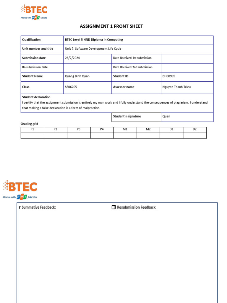 ASM1 1ST SDLC QuangBinhQuan BH00999 | PDF | Feasibility Study | Net ...