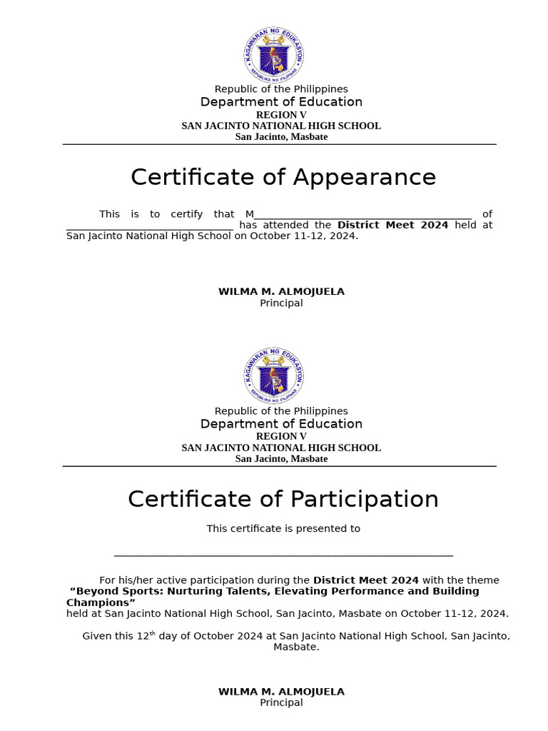 District Meet 2024 Certificates Template | PDF