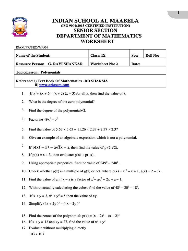 Almaaebela 9 TH STD - CH 2 Polynomials Worksheet | PDF