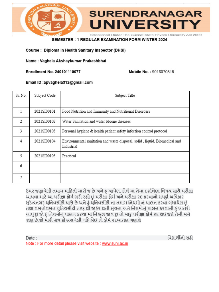Vaghela Akshaykumar Prakashbhai DHSI SEM 1 W 2024 EXAM FORM | PDF