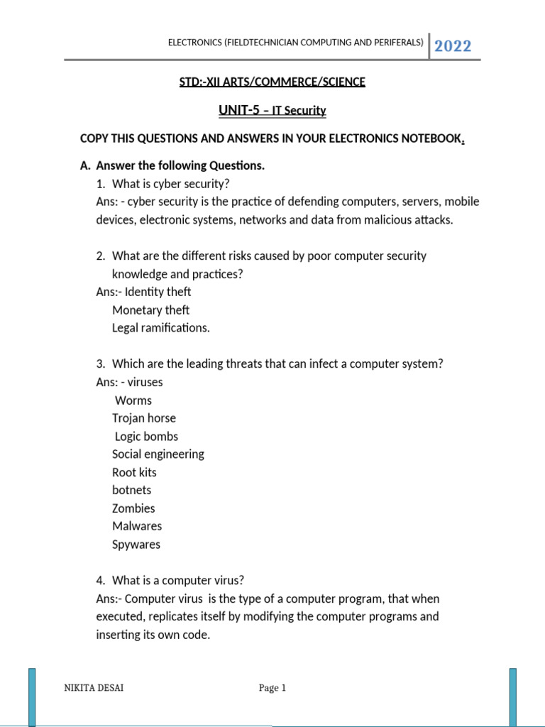 Unit 5 IT Security Class XII | PDF | Computer Virus | Security Hacker