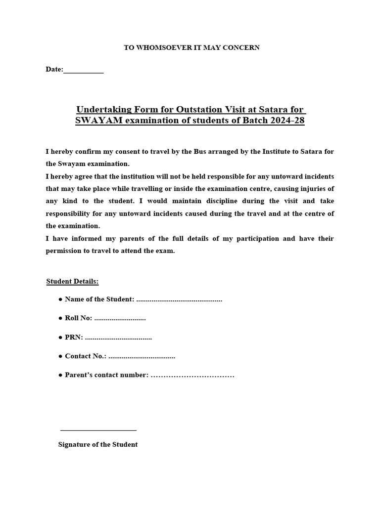 Student Undertaking For Satara Visit | PDF