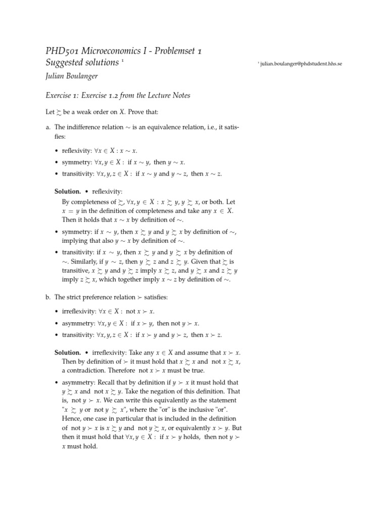 Problemset 1 - PHD501 Micro 1 2016 - Solutions(1) | PDF | Convex Set | Utility
