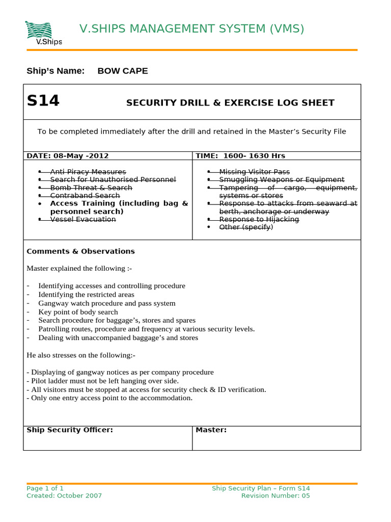BOW CAPE Security Drill Log Sheet | PDF