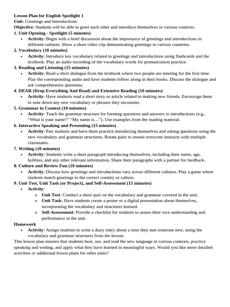 English Spotlight 1: Greetings Lesson Plan | PDF | Vocabulary | Lesson Plan