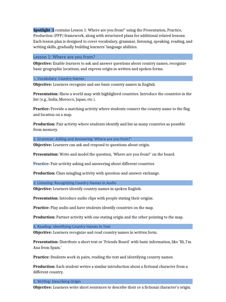 Lesson Plans Where Are You From | PDF | Vocabulary | Sentence (Linguistics)