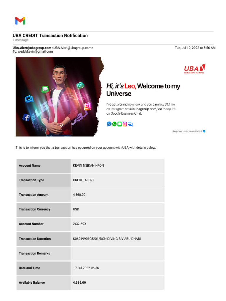 Gmail - UBA CREDIT Transaction Notification | PDF | Gmail | Cyberspace