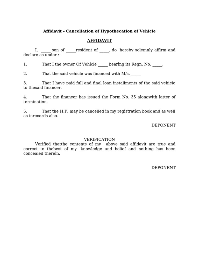 Affidavit - Cancellation of Hypothecation of Vehicle | PDF