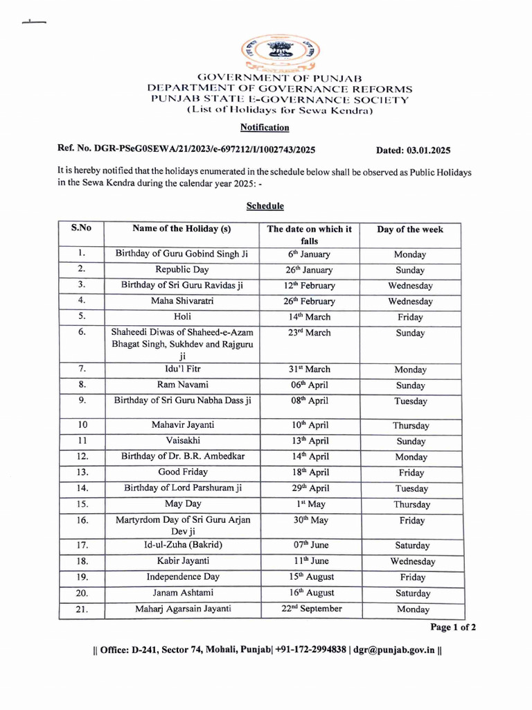 Punjab Sewa Kendra Holidays 2025 | PDF | Punjab | Indian Religions