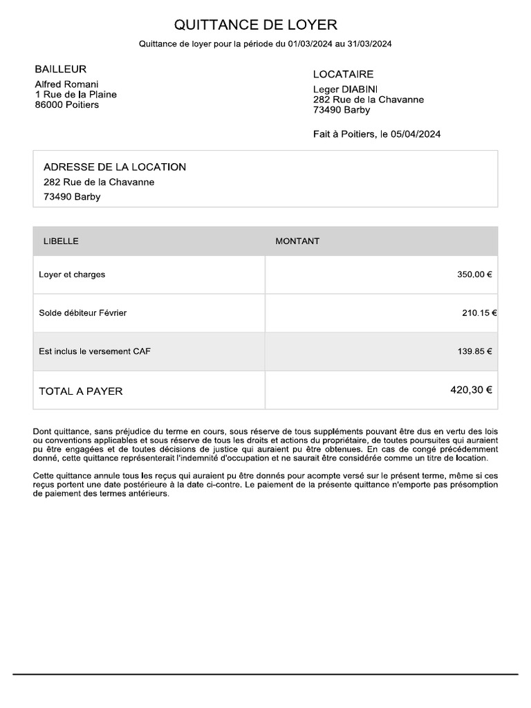 Quittance de Loyer LD | PDF